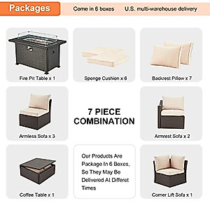 HOMREST 7 Pieces Patio Furniture Set with Fire Pit Table,Durable Outdoor Sectional Sofa Conversation Set w/Cushions and Pillows, 50,000 BTU Auto-Ignition Gas Fire Table w/Wind Guard ，CSA Certification