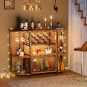 Hyomdeck Wine Bar Cabinet with LED Lights and Power Outlets, Industrial Coffee Bar Cabinet for Liquor and Glasses, Farmhouse Bar Cabinet with Freestanding Wine Racks for Kitchen/Dining, Rustic Brown