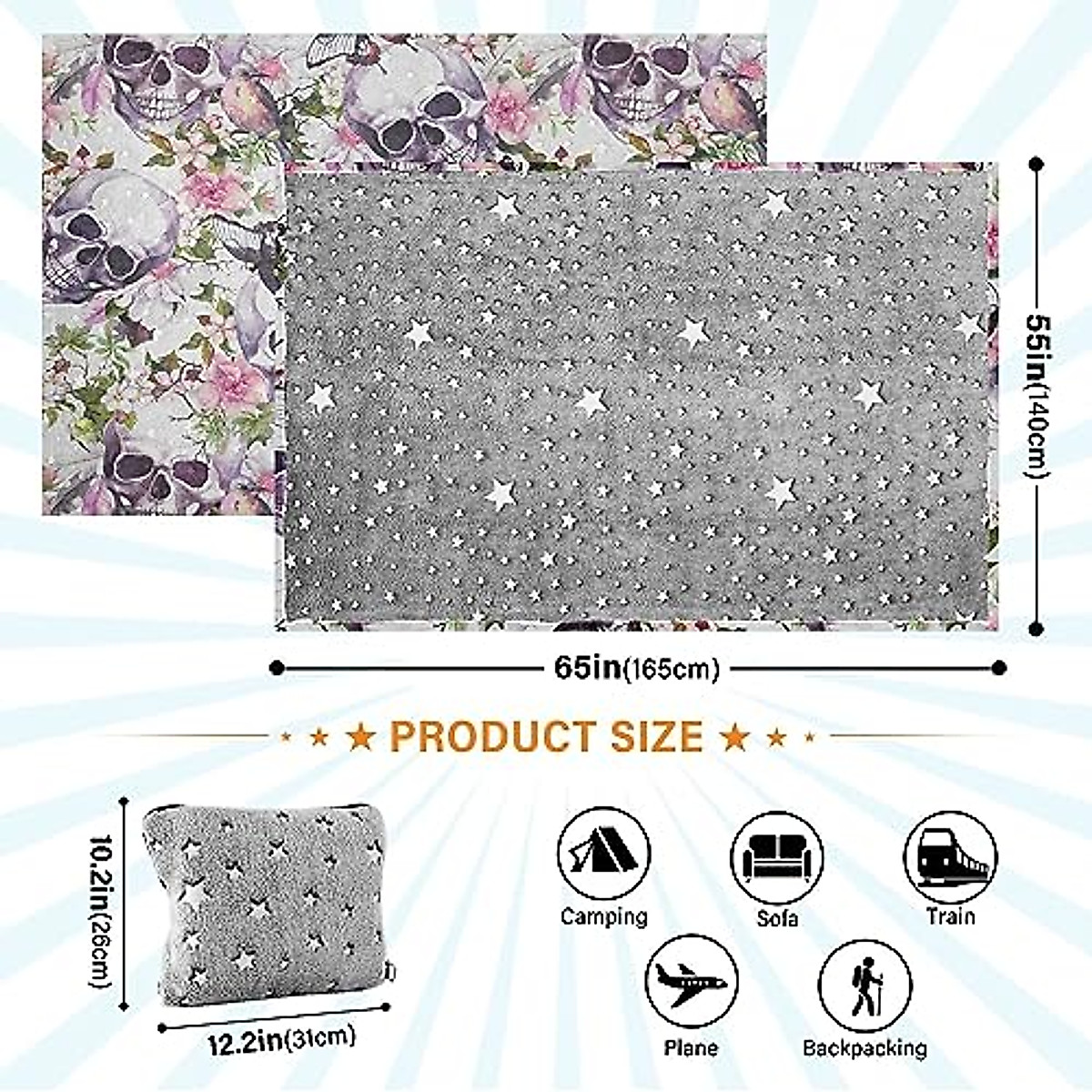 Joko Ivery Skulls Flowers Birds Butterflies Premium Soft Travel Blanket Pillow Airplane Blanket with Hand Luggage Belt & Backpack Clip Car Pillow 2 in 1 for Car Office Train Bus