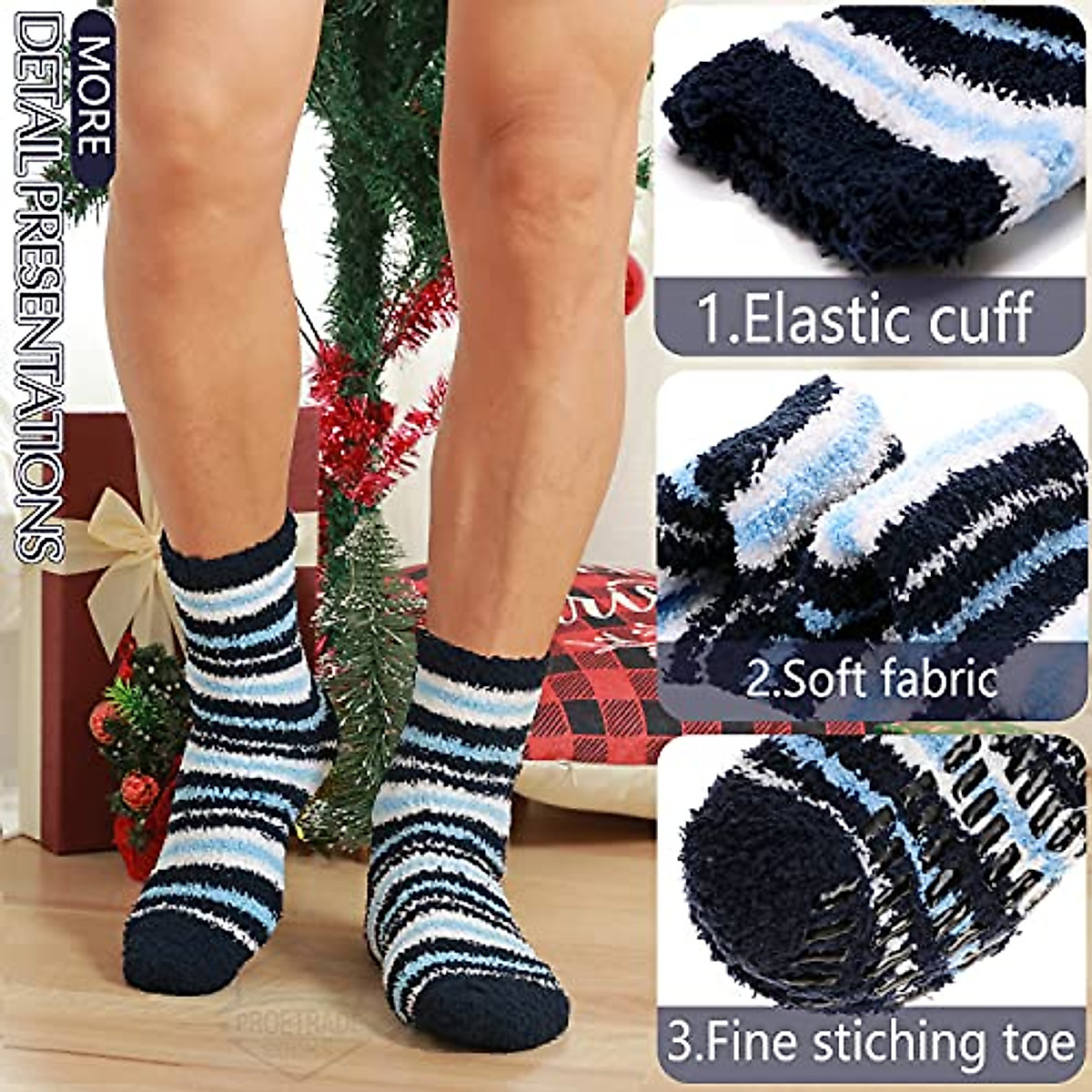 Fuzzy Slipper Socks with Grips for Mens Womens Non Slip Hospital Socks Anti Skid Winter Fluffy Warm Cozy Cabin Soft Crew Sleep Socks 6 Pairs Gift Stocking Stuffer (Stripes Pattern B)