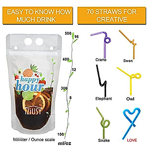 100 Pcs Zipper Plastic Pouches Drink Bags, Heavy Duty Hand-Held Translucent Frosted Reclosable Stand-up Bag 2.4" Bottom Gusset with 100 pcs Straws & Funnel Included