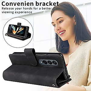 ZZXX Samsung Galaxy Z Fold 4 Case Wallet with [RFID Blocking] Card Slot Soft PU Leather Zipper Flip Folio with Wrist Strap Protective Cover for Galaxy Z Fold 4 Wallet Case(Black-7.6 inch)