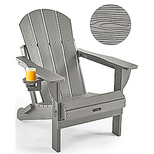 Ciokea Folding Adirondack Chair Wood Texture, Patio Adirondack Chair Weather Resistant, Plastic Fire Pit Chair with Cup Holder, Lawn Chair for Outdoor Porch Garden Backyard Deck (Grey)