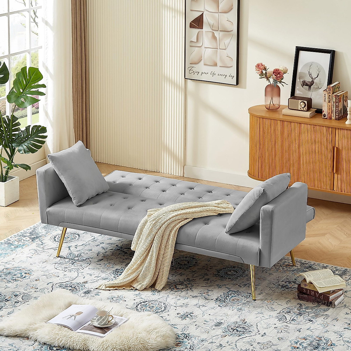 Anwick Modern Velvet Futon Sofa Bed: 72" Satin Convertible 2 Pillows Tufted Back Golden Metal Legs Folding Sleeper Loveseat for Small Space Home Office Living Room (Grey)