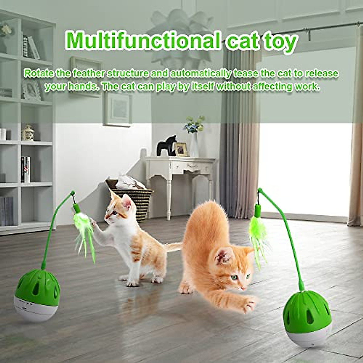 WINGPET Automatic Cat Toy Interactive Toys, Cat Feather Toys, Funny Swing Ball with Feather, Cat Exercise Toy with Sound, Pet Toys Ball with Detachable Rocker and 1 Light Ball (Green)