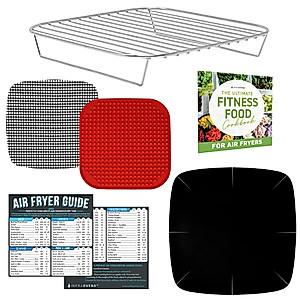 Air Fryer Accessories with Rack, Reusable Mats and Cheat Sheet Guides Compatible with Dreo, Chefman, Cosori, Nuwave® + More - Stainless Steel Air Fryer Rack, Square 7.2 inches