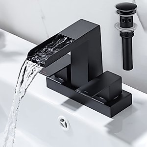 HAMOLER 4 Inch Centerset Waterfall Bathroom Faucet 2 Handle 3 Hole Basin Faucet with Pop Up Drain with Overflow, Vanity Faucet Matte Black