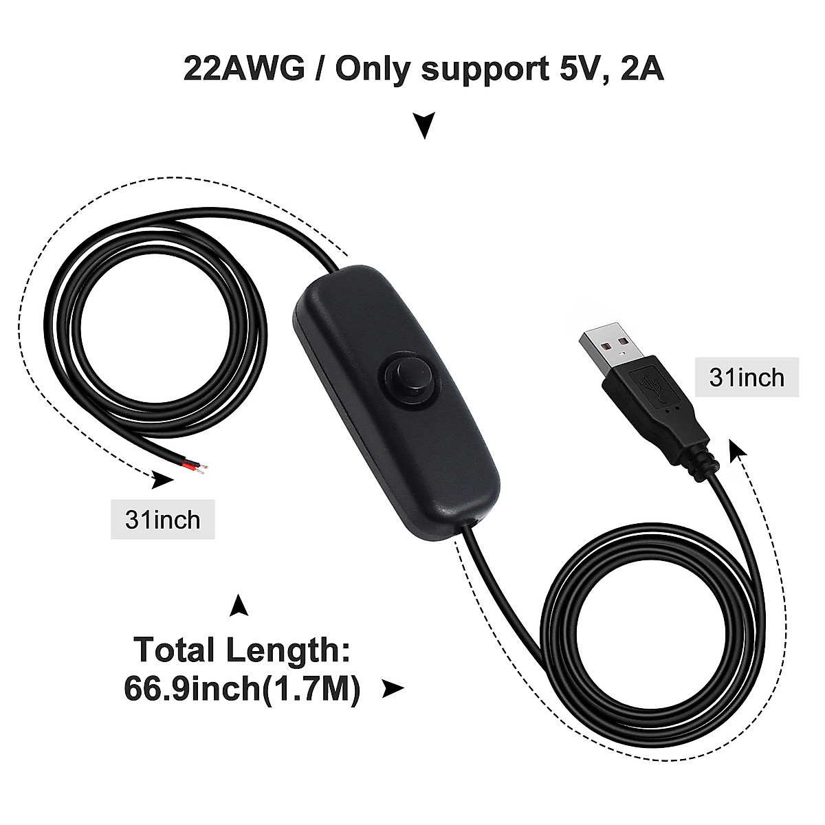 RGBZONE 2Pcs 5.58FT 5V USB Switch Extension Cable, USB 2.0 A Male Plug and 2 Pin 2 Wire Power Charge Cable Connector DIY for 5V USB Fan, LED Strips, Desk Lamp, Driving Recorder LED Strip-Black