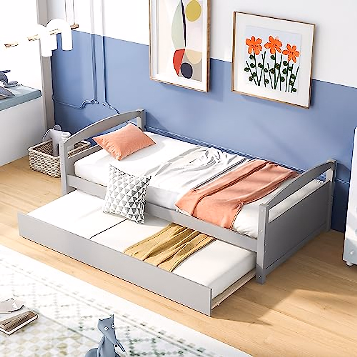 Harper & Bright Designs Twin Daybed with Trundle, Solid Wood Bed Twin Size Bed Sofa Platform Bed Frame, No Box Spring Needed (Twin Size, Gray)