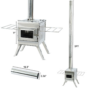 Fltom Camping Wood Stove, Portable Hot Tent Stove with Sectional Chimney Pipes, 304 Stainless Steel Wood Burning Stove for Tent Shelter and Cooking Heating