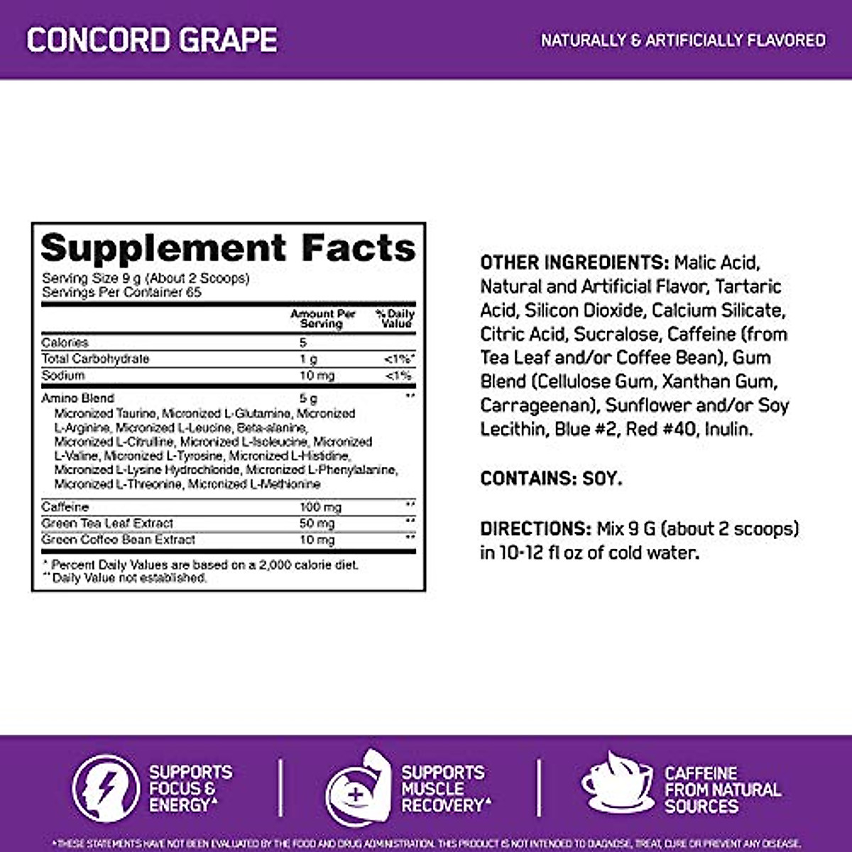 Optimum Nutrition Amino Energy Powder: Concord Grape (65 Servings) with Essential Amino Energy Plus Electrolyes Sparkling Drink: Grape (12 Cans) - Bundle Pack