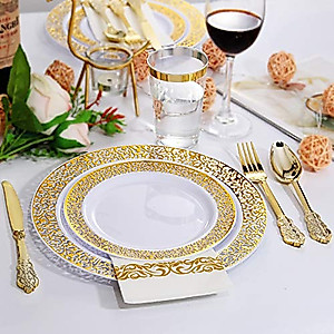 bUCLA 350PCS Gold Plastic Plates with Disposable Plastic Silverware&Hand Napkins, Gold Plastic Dinnerware Lace Design include 100 Plates,50 Forks, 50 Knives, 50 Spoons,50 Cups,50 Disposable Napkins