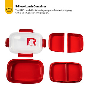 RTIC 5 Compartment Lunch Containers, Hot Food Container With Lid For Adults Or Kids, Microwave Safe Divided Snack Lunch Box For Work, School Or Travel, Reusable, BPA Free With Vent Space, Red