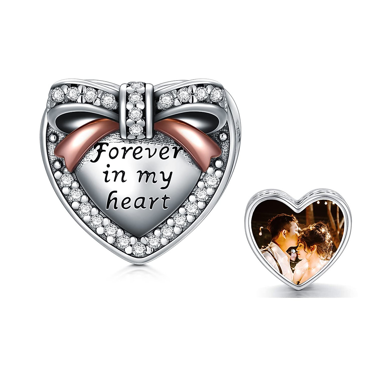 LONAGO Personalized Photo Charm for Women 925 Sterling Silver Forever in My Heart Picture Bead Charm