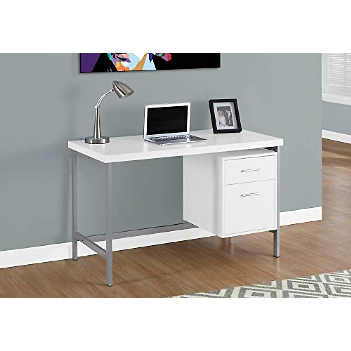Monarch Specialties Contemporary Laptop Table with Drawer and File Cabinet Home & Office Computer Desk-Metal Legs, 48" L, White-Silver
