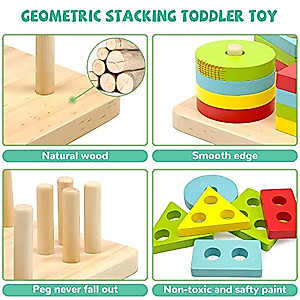 Montessori Toys for 1 2 3 Year Old Boys Girls Gifts, Wooden Sorting and Stacking Toys for Toddlers 1-3, Educational Learning Toys for Preschool Kids, Color Recognition Shape Sorter Puzzles for Baby
