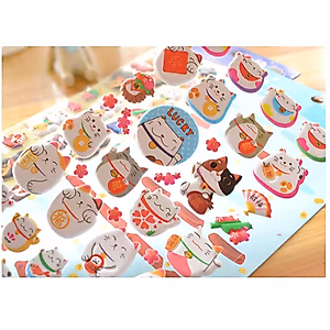 EatingBiting 4 Sheets More Than 140pcs Japanese Maneki Neko Foam Stickers Lucky Fortune Fengshui Stickers Diary Scrap Book Scrapbooking Decor Decoration School Office Stationery Reward Gift
