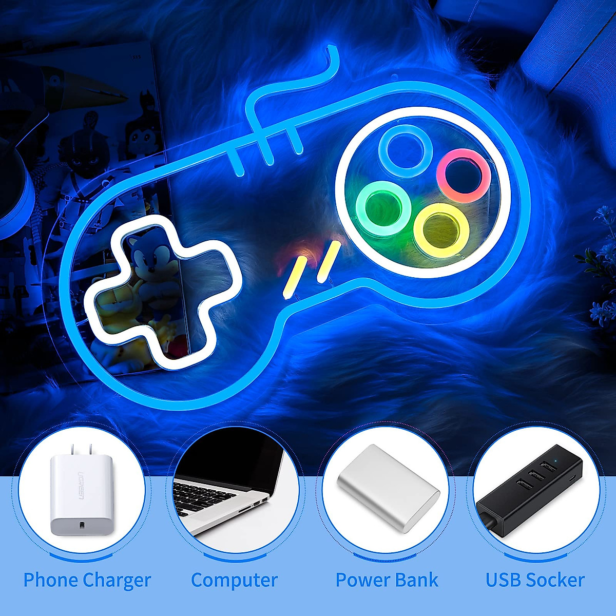 GOVZERY Cool Gamepad Neon Signs for Boys Room Decor 16.5''x10'' LED Neon Light Sign for Bedroom Wall Decor Gaming Decor for Boys Room Kids Game Room Teen Room Man cave (Blue-dimmable)