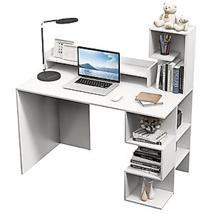 Tangkula White Desk with Storage Bookshelf & Hutch, 48” Modern Home Office Desk with 8 Storage Shelves, Space Saving Writing Study Desk for Bedroom, Compact Computer Workstation for Home