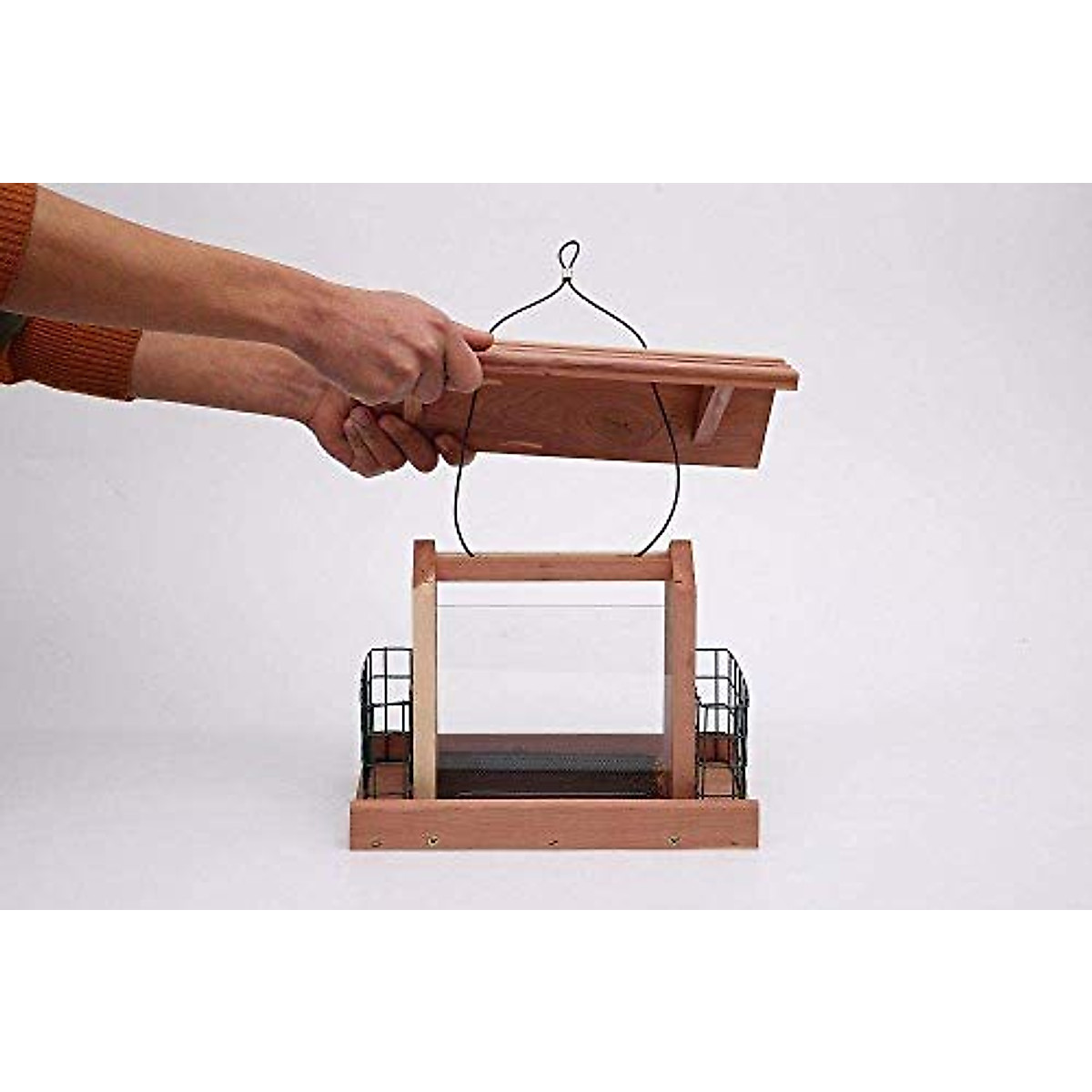 Solution4Patio Homes Garden USA Cedar Bird Feeder Wildbird Essentials Handmade Wooden Outdoor Ranch Patio Yard Tree Hanging with Double Plastic Window and Double Suet Holder Cages Combination #G-8534