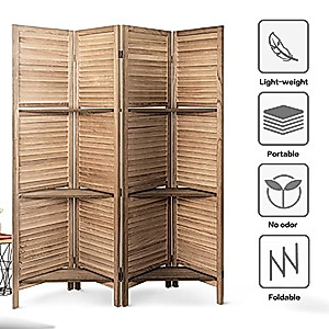 ECOMEX Room Divider 4 Panel, Wood Room Divider Screen,Freestanding Room Dividers and Folding Privacy Screens, Easy Move Partition Room Dividers, Temporary Wall Room Divider with Shelves (Brown)