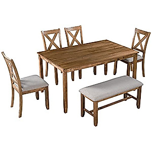 Merax 6-Piece Wooden Dining Rectangular Table Set, 4 Chairs and Bench with Cushion, Kitchen Family Furniture, Natural Cherry-2-6pcs