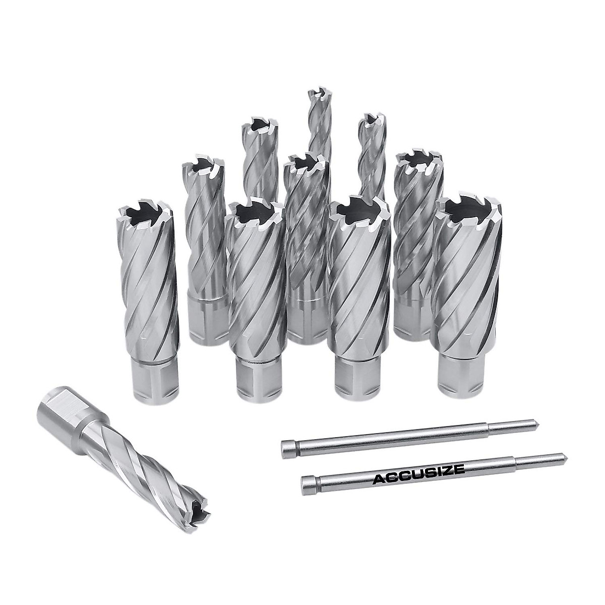 Accusize Industrial Tools 13 Pcs/Set 7/16'' to 1-1/16'' H.S.S. Annular Cutters, 2'' Cutting Depth with 2 Pilot Pins, N1