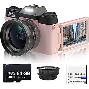 Acuvar 4K 48MP Digital Camera for Photography, Vlogging Camera for YouTube with 3.0’’ 180° Flip Screen, WiFi, 16X Digital Zoom, Wide Angle & Macro Lens, Rechargeable Battery, 64GB Micro SD Card Pink