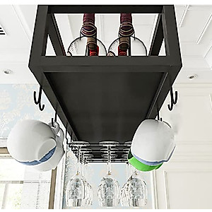 DICKIS Hanging Wine Rack with Glass Holder and Shelf, Adjustable Height and Width Metal Ceiling Bar Wine Glass Rack, Industrial Wall Mounted Wine and Glass Rack (Color : Black, Size : 100x25x21cm)