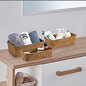 OGANAZI 3 Natural Wicker Basket Set Rectangular Handwoven Seagrass Basket Storage Bins Home Organizer Bins - Household Basket Box for Shelf Wardrobe Desktop Home Decor (Caramel)