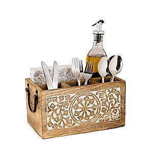 Mie Creations 4 Compartment Wooden Silverware Caddy Utensil Holder, Farmhouse Cutlery Flatware Organizer, Decorative Wood Caddy with Metal Handles for Kitchen Countertop, Picnic, Buffet Party- White