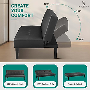Naomi Home Button Tufted Futon Sofa Bed, Faux Leather Futon Couch, Modern Convertible Folding Sofa Bed Couch with Wooden Legs, Reclining Small Couch Bed, Futon Bed for Living Room, Dorm Black