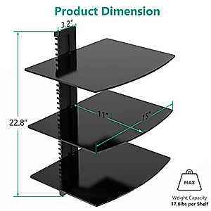WALI Floating Entertainment Center Shelves, Holds Up to 17.6lbs, TV Shelf with Strengthened Tempered Glasses for DVD Players, Cable Boxes, Games Consoles, TV Accessories (CS303B), 3 Shelf, Black
