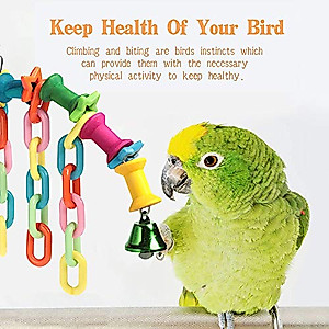 Shellkingdom Parrot Toys,Bird Hanging Wooden Ladder and Bird Hammock Chew Perches Cage Finch Toy with Bells for Bird Macaws Cockatiels Parakeets African Grey Parrot Lorikeets Conures