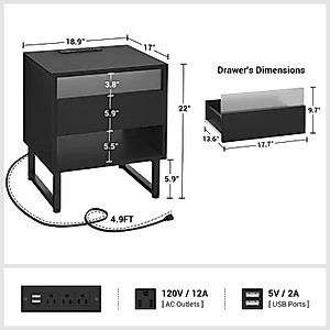 LED Nightstands Set of 2 with Charging Station, Black Night Stand Set 2 with Charger Station, Bed Side Tables Bedrooms Set of 2, Modern Night Stand Bedside Table Set of 2 with a Big Capacity Drawer