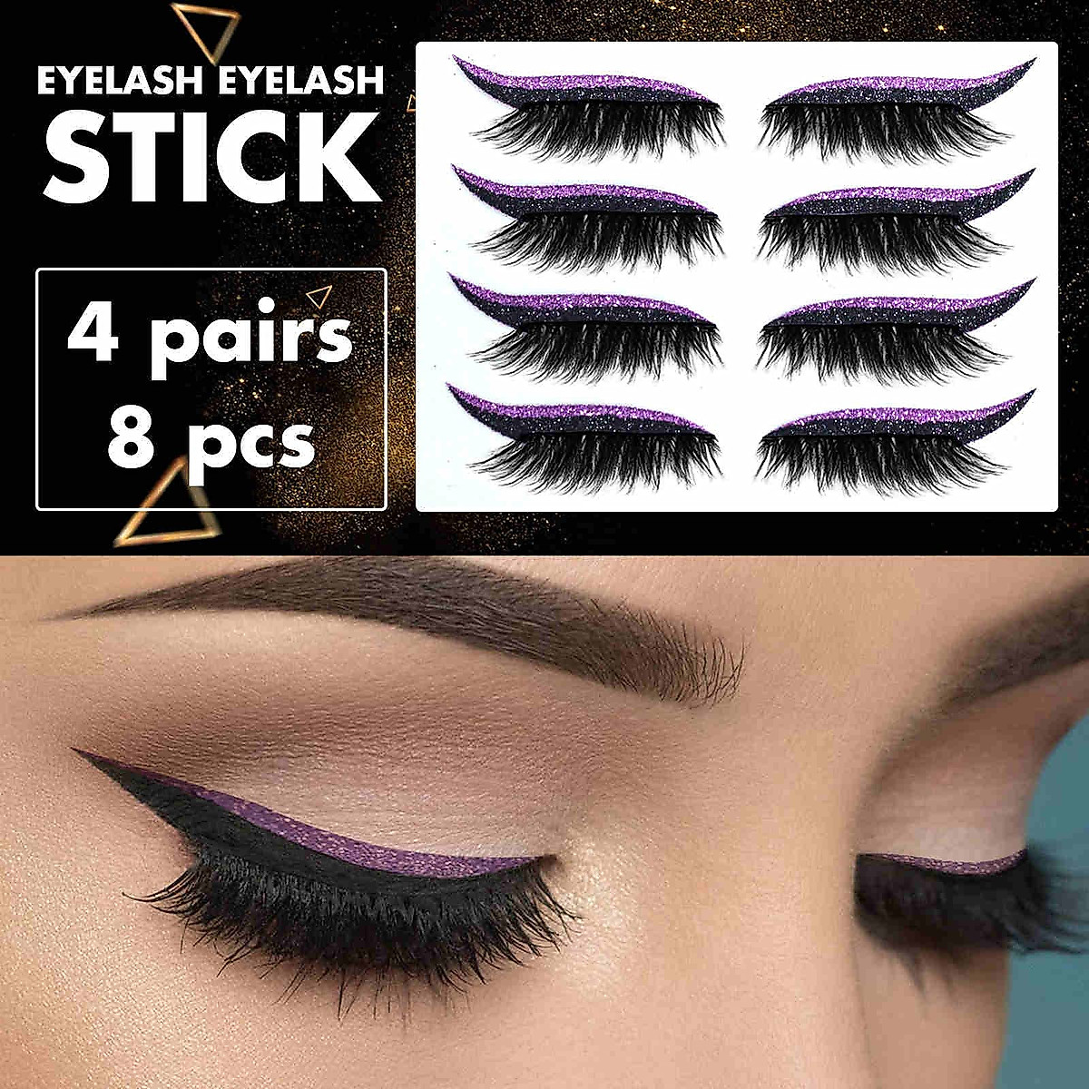 Eyelash Stickers, 4Pairs Reusable Eyeliner and Eyelash Stickers, Self-Adhesive Waterproof Colorful Glitter Invisible Eye Line Strip Stickers, Easy to Wear Women Makeup Eyeliner Sticke (Black)