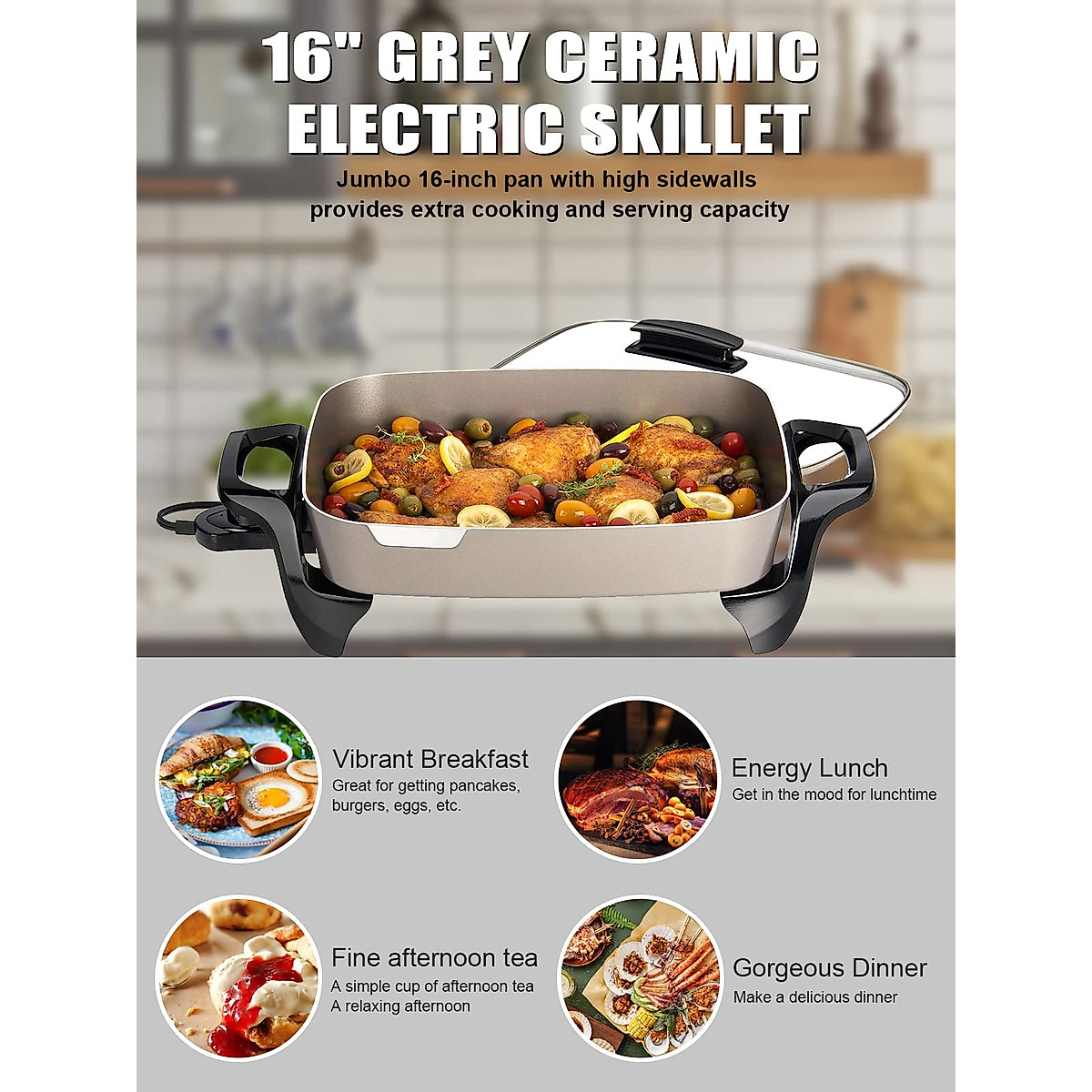 Ceramic Nonstick 16-inch Electric Skillets - Tempered Glass Cover with Stay Cool Handle, Esay Cleaning