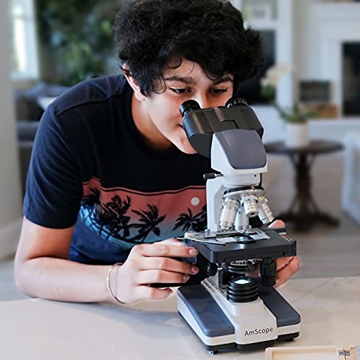 AmScope B120C-WM-PS100 Siedentopf Binocular Compound Microscope, 40X-2500X Magnification, Brightfield, LED Illumination, Abbe Condenser, Double-Layer Mechanical Stage, Includes Book and Set of 100 Prepared Slides