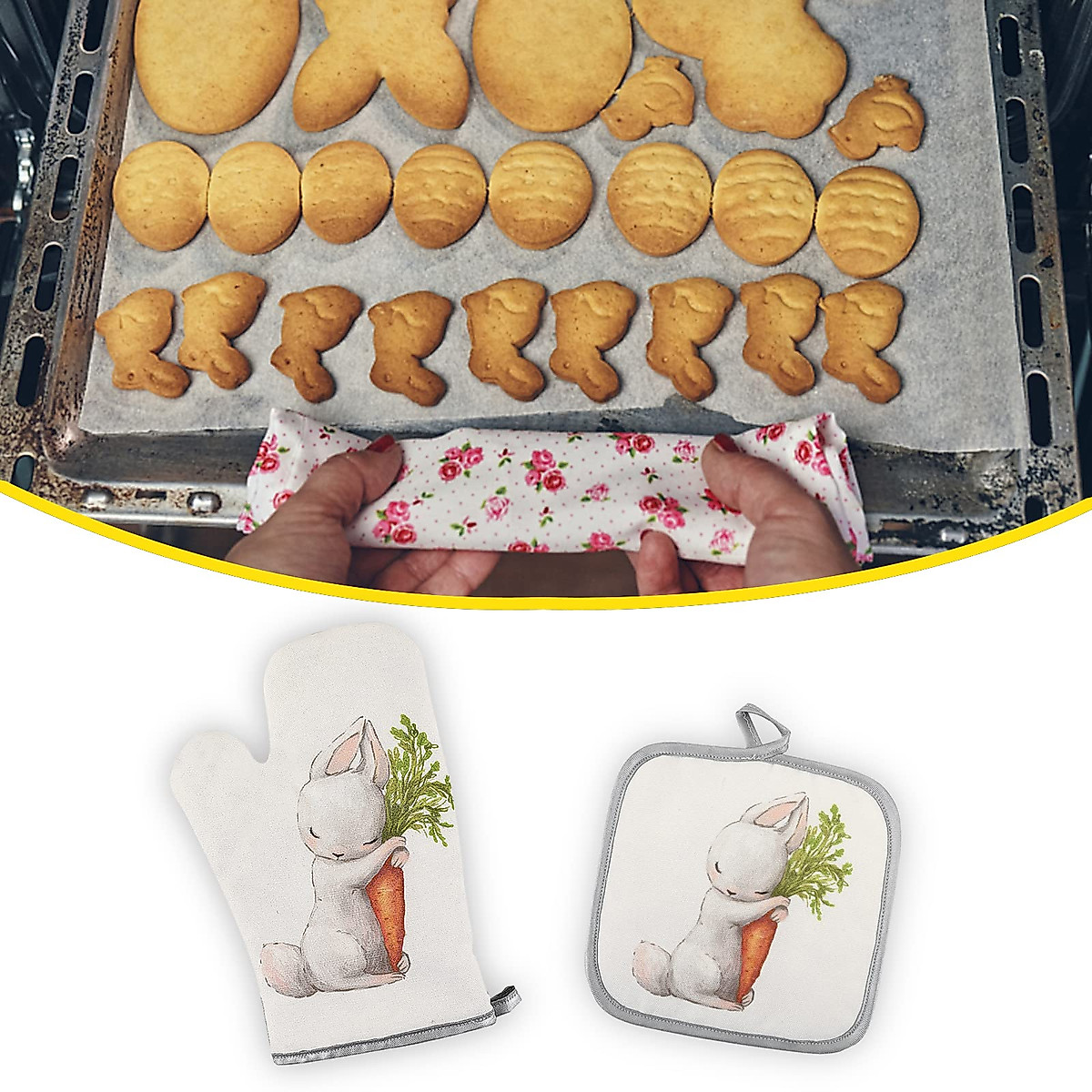 Kitchen Oven Mitts and Pot Holders Sets,Spring Cute Bunny Rabbit Print Oven Gloves and Potholders,Heat-Resistant Oven Gloves and Hot Pads for Cooking,Baking Grilling Spring/Summer.Gift Present