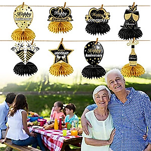 8Pcs Happy Wedding Anniversary Decorations Table Honeycomb Centerpieces, Anniversary Theme Party Supplies for Adult, Black Gold 10th 20th 30th 40th 50th 60th Anniversary Table Sign Decor