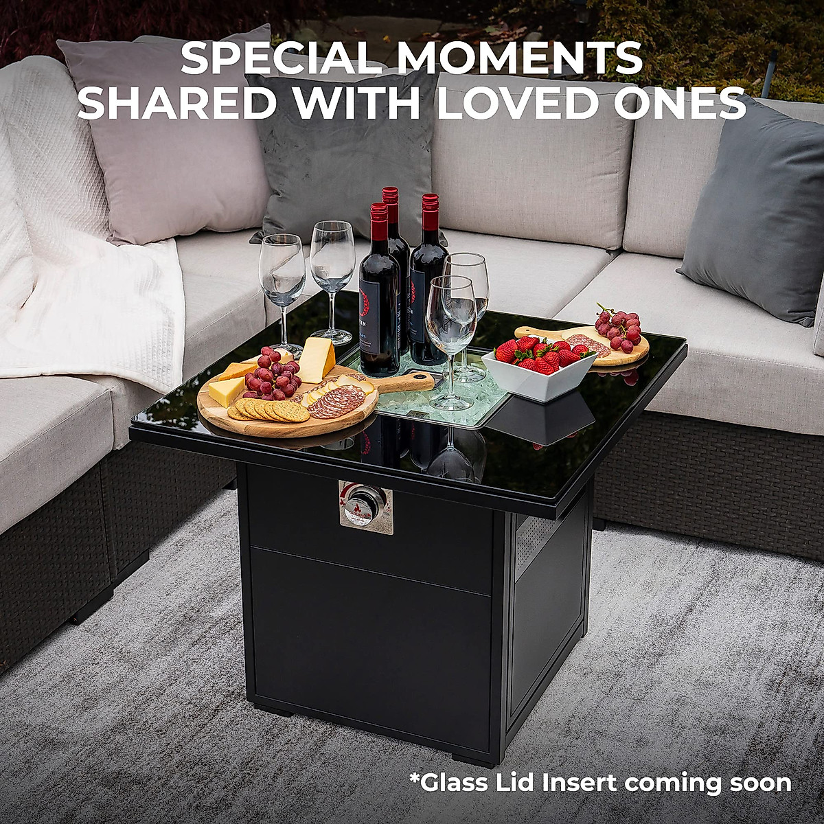 Yaletown 420 Model Square Fire Pit Table for Outside Patio – 30" Small Outdoor Propane Gas Fire Table, Black – with Glass Rocks Set, Pre-Attached 1m Hose and Regulator