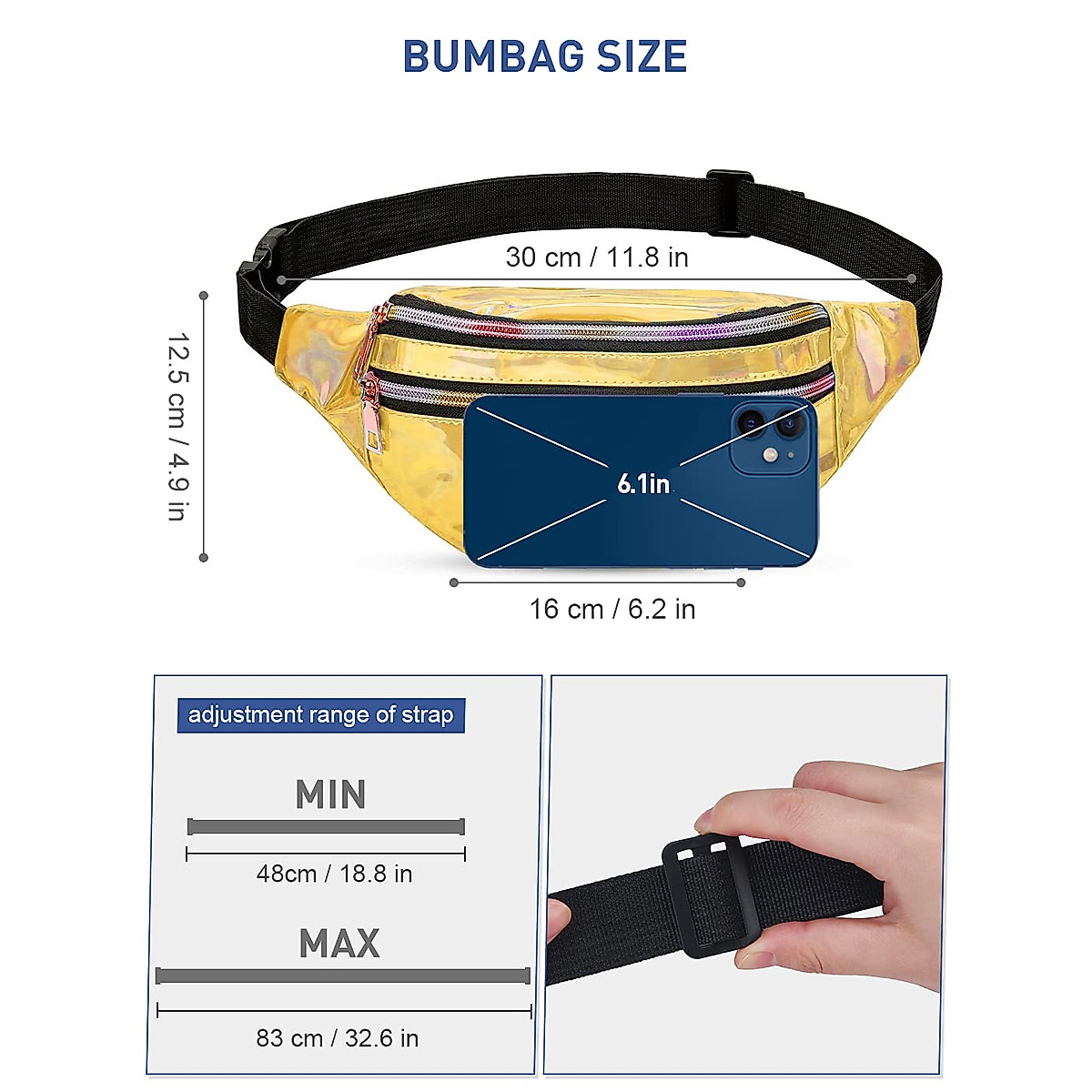 LIVACASA Holographic Fanny Packs for Women Cute Waist Packs Shiny Waist Bum Bag Waterproof for Travel Party Festival Running Hiking Gold