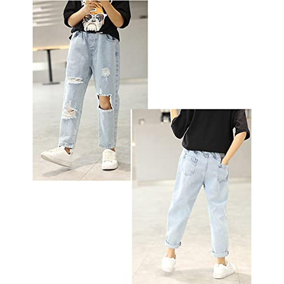 QIBABU Kid Big Girl's Baggy Ripped Jeans Elastic Waist Washed Denim Pants for 8-14 Years(0865-Blue-14Y-QB)