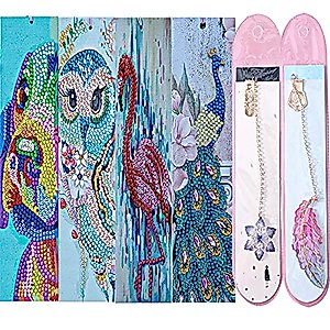 Diamond Painting Bookmarks 4 Sets Animal 5D Diamond Bookmarks with Unique Pendant Diamond Painting Kits for Kids Adults Beginners