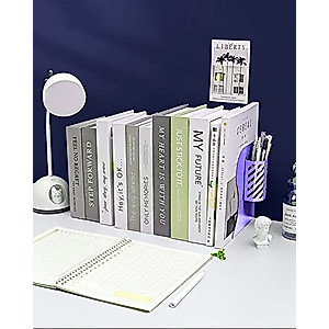 MSDADA Adjustable Bookends, Book Ends for Heavy Books, Expandable Book Organizer with Pen Holder for Desk, Shelf, Office, for 6 7 8 9-15 Boys and Girls, Extends up to 19 inches (Purple)