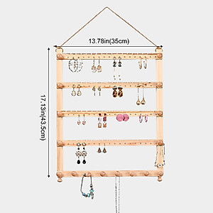 Lolalet Hanging Jewelry Organizer, 5-Tier Wooden Earring Wall Holder Jewelry Display Rack for Earrings Dangles Necklaces Bracelets -Natural