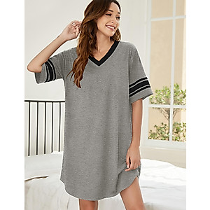 Ekouaer Womens Nightgown Cotton Sleep Shirt V Neck Short Sleeve Loose Comfy Pajama Sleepwear,A grey,XX-Large