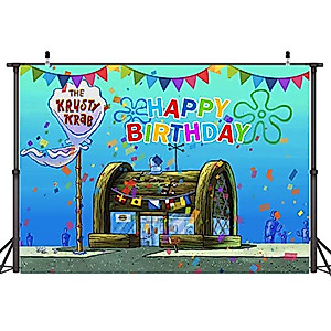 QHY 7x5ft Cartoon Animation Spongebob Theme Photography Backdrop Children Happy 1st Birthday Party Decorations Banner The Krusty Krab Photo Background Vinyl Baby Shower Booth Studio Props