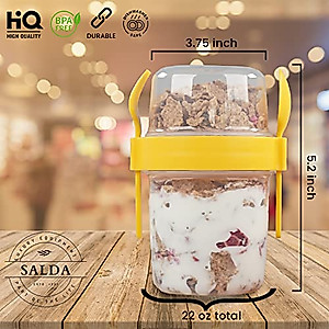 Salda 2 Pack 22 oz Breakfast On the Take and Go Cup with Topping ,spoon and fork, Overnight Oats or Oatmeal Container Yogurt Cereal Jar, Colorful Set of 2 (Yellow and Green)