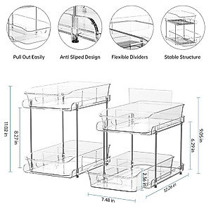 Delamu 2 Sets of 2-Tier Clear Under Sink Organizers and Storage, Multi-Purpose Stackable Bathroom Cabinet organizers, Pull Out Kitchen Pantry Organization and Storage with Dividers